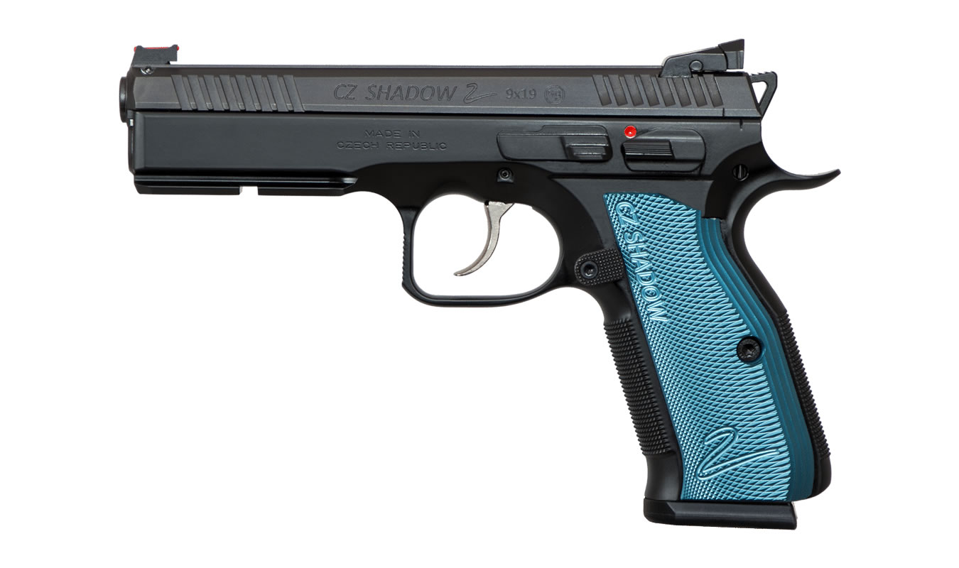 Buy Shadow 2 9mm Black Pistol with Blue Aluminum Grips online - Texas ...
